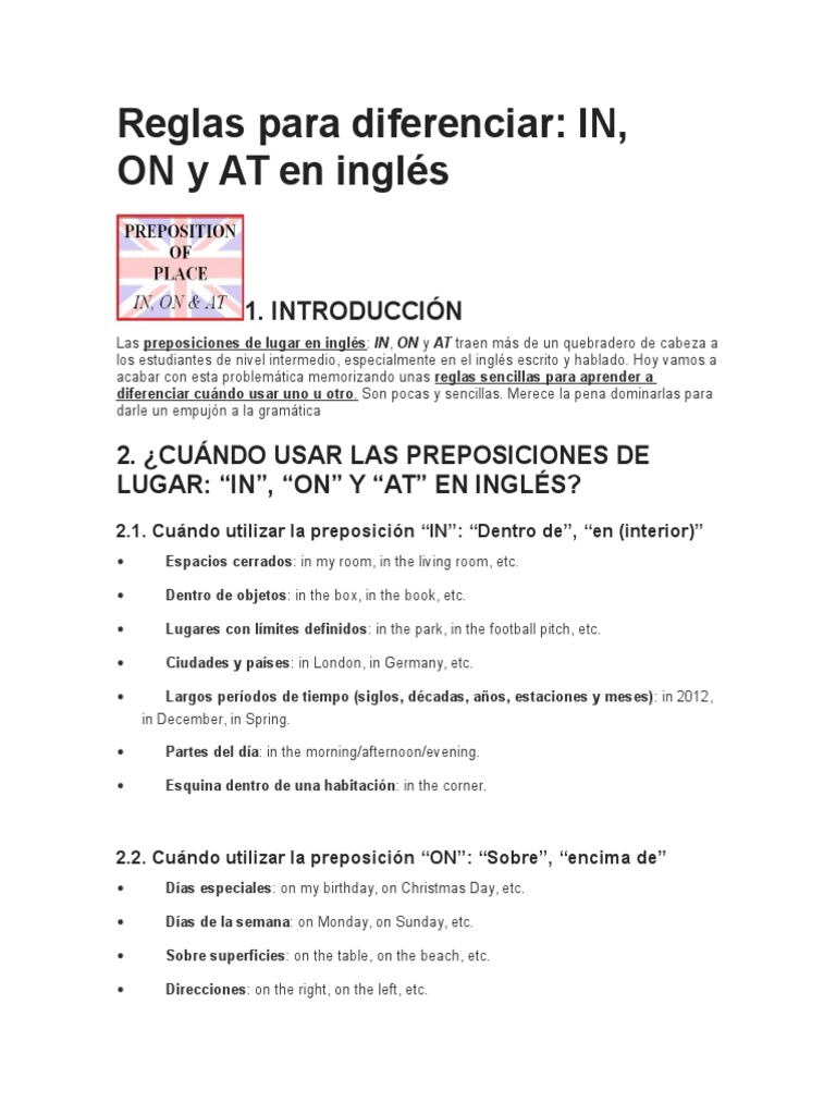 Reglas para Diferenciar At, In, On | PDF