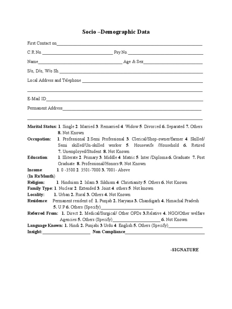 Socio Demographic Sheet | PDF