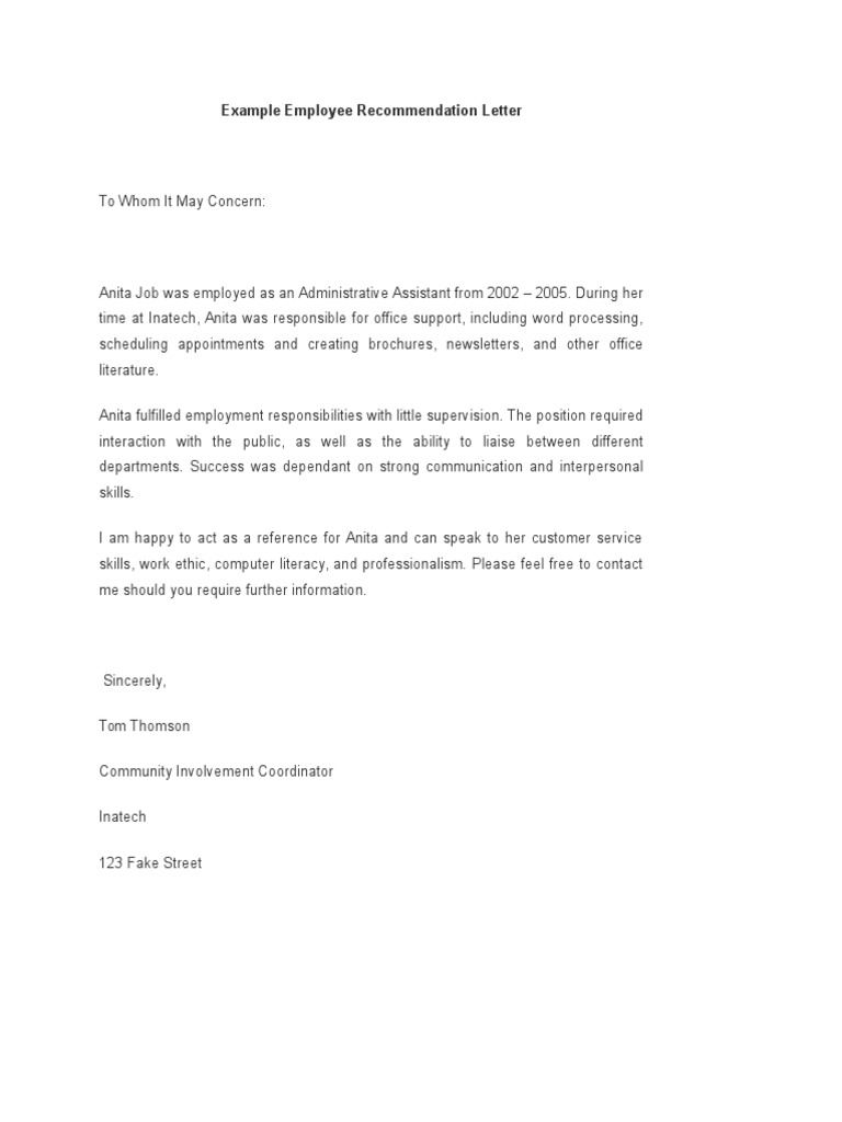 Example Employee Recommendation Letter Template | PDF