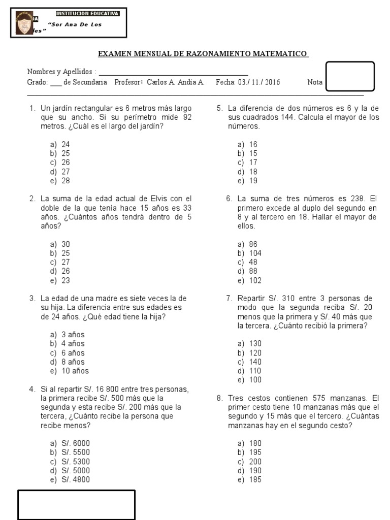 Examen de RM Secundaria | PDF