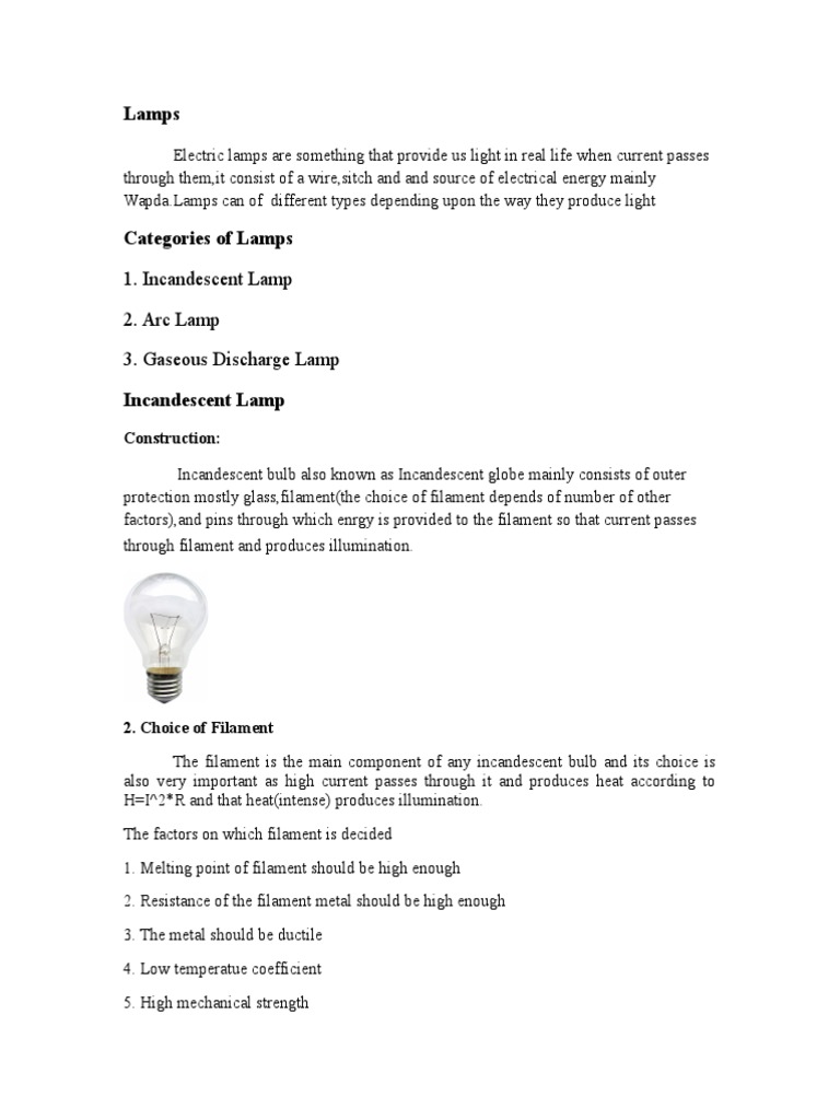 Lamps: 1. Incandescent Lamp 2. Arc Lamp 3. Gaseous Discharge Lamp | PDF ...