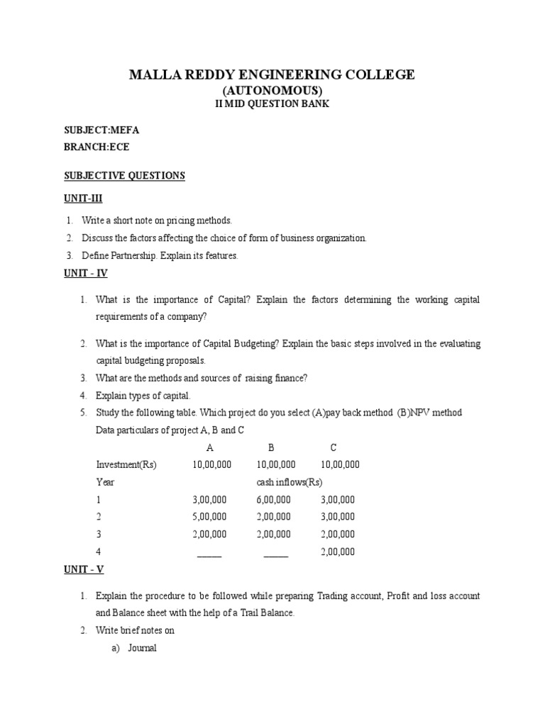 Mefa II Mid Question Bank | PDF | Debits And Credits | Economies