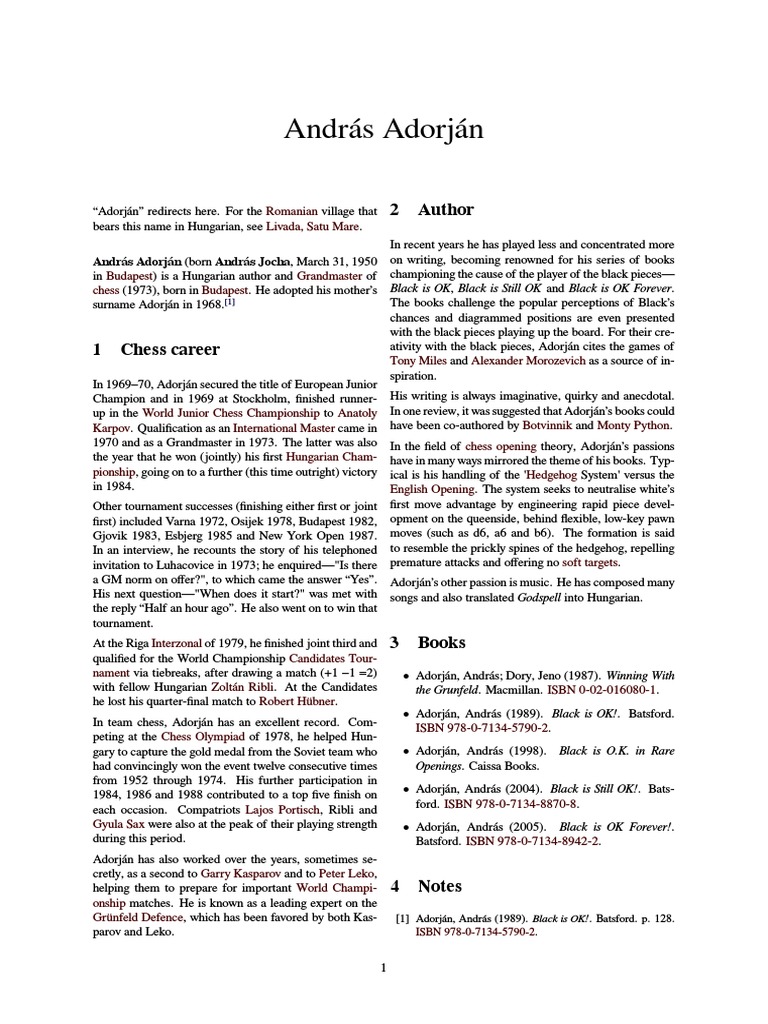 András Adorján | PDF | Chess People | Competitive Games