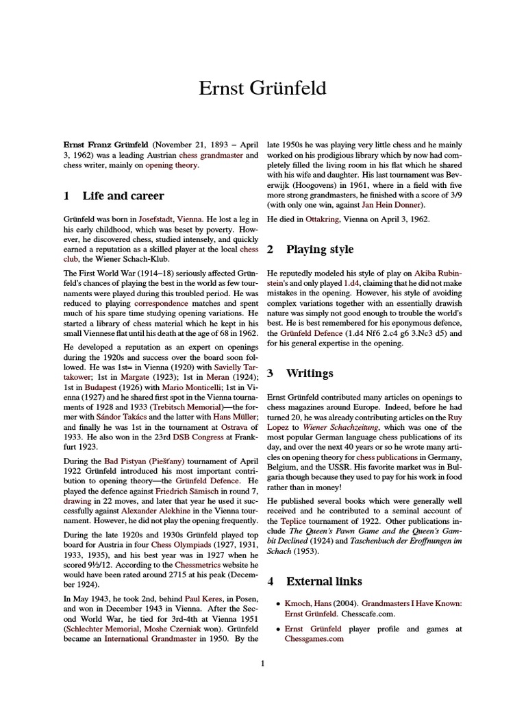 Ernst Grünfeld: 1 Life and Career | PDF | Chess Olympiads | Board Games ...