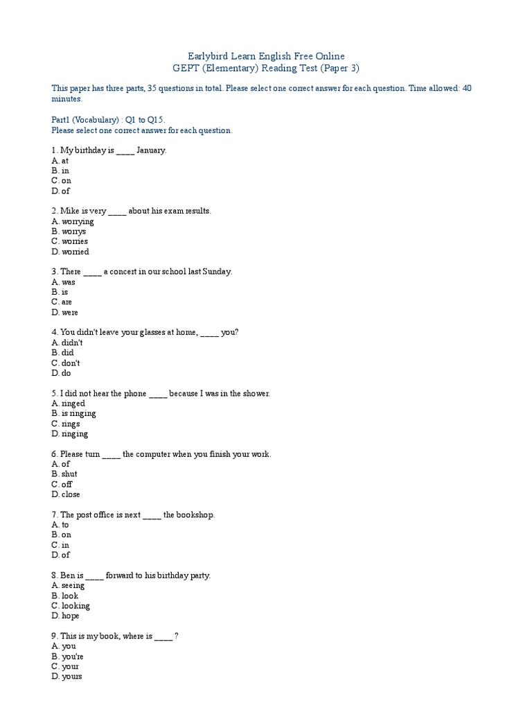 Earlybird Learn English Free Online GEPT (Elementary) Reading Test ...