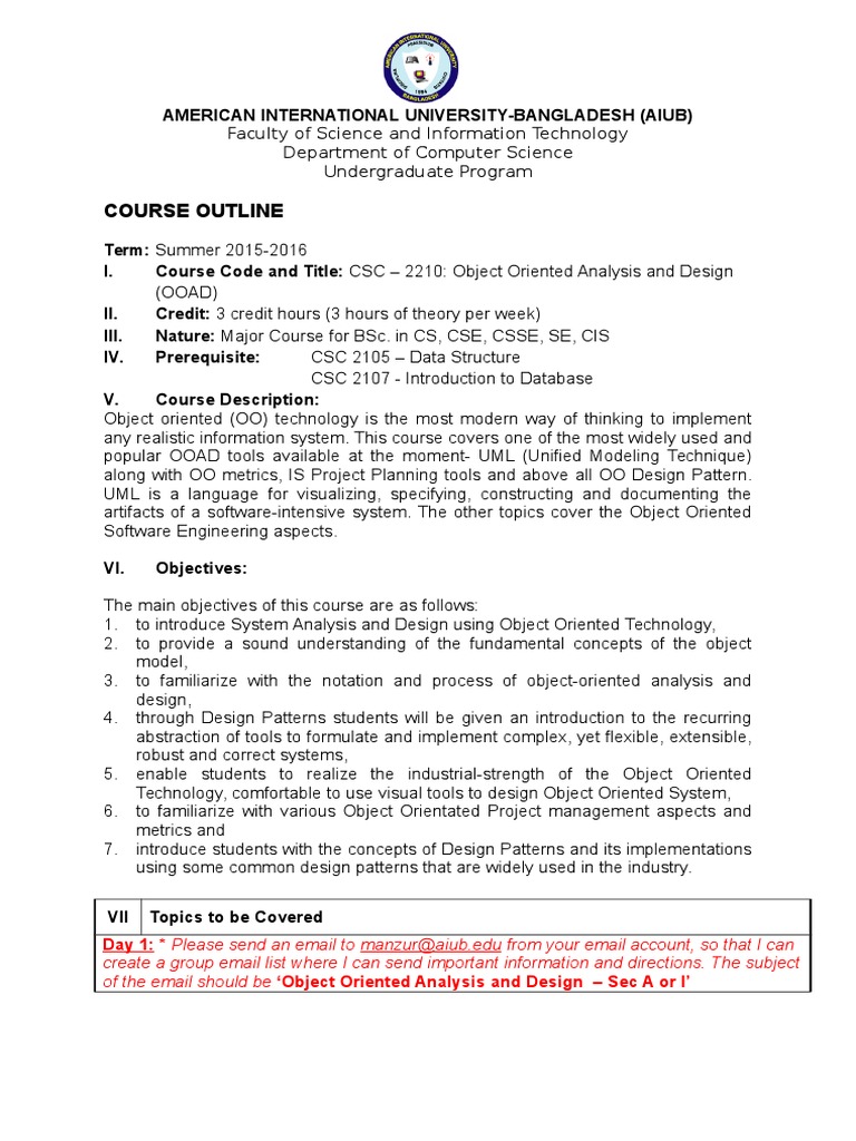 Csc 2210 Course Outline Object Oriented Analysis And Design Summer 2015 16 Pdf Object