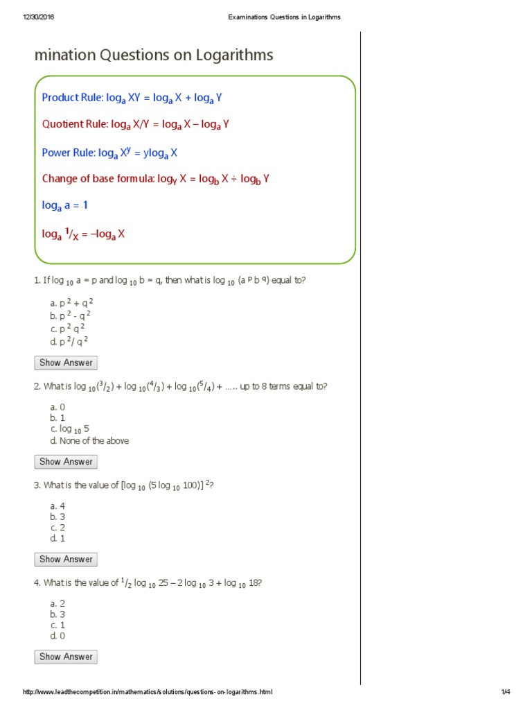Examinations Questions in Logarithms | PDF