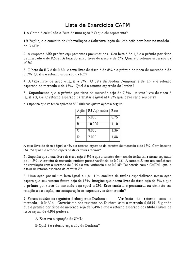 Lista de Exercicios CAPM | PDF | Modelo de Precificação de Ativos ...
