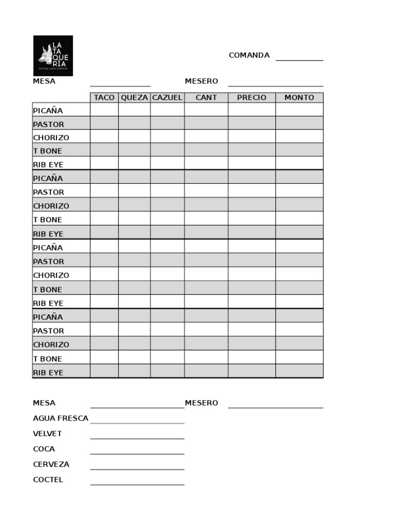 Formato de Comanda para Restaurante | PDF | Cocina, comidas y vino