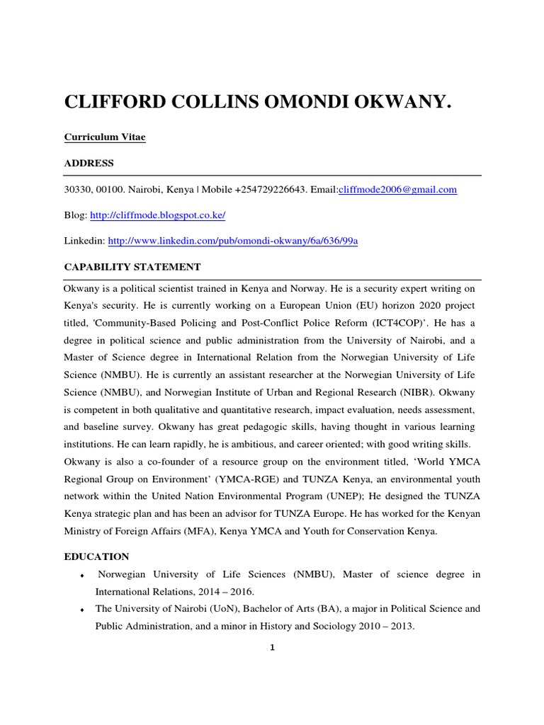 Clifford Collins Omondi Okwany (Curriculum Vitae) | PDF | Kenya | Norway
