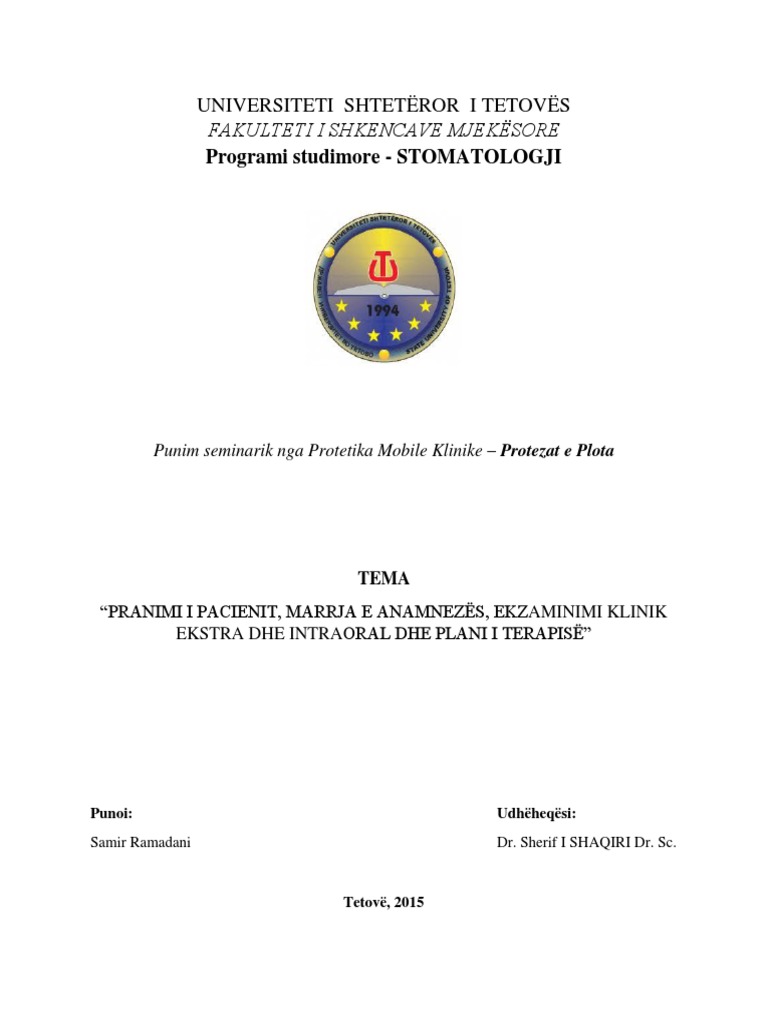Pranimi I Pacientit Anamneza Ekzaminimi Proteza Totale Klinik | PDF