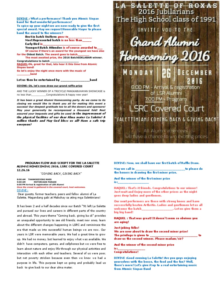 ALUMNI Homecoming Programme Script | PDF | Entertainment (General)