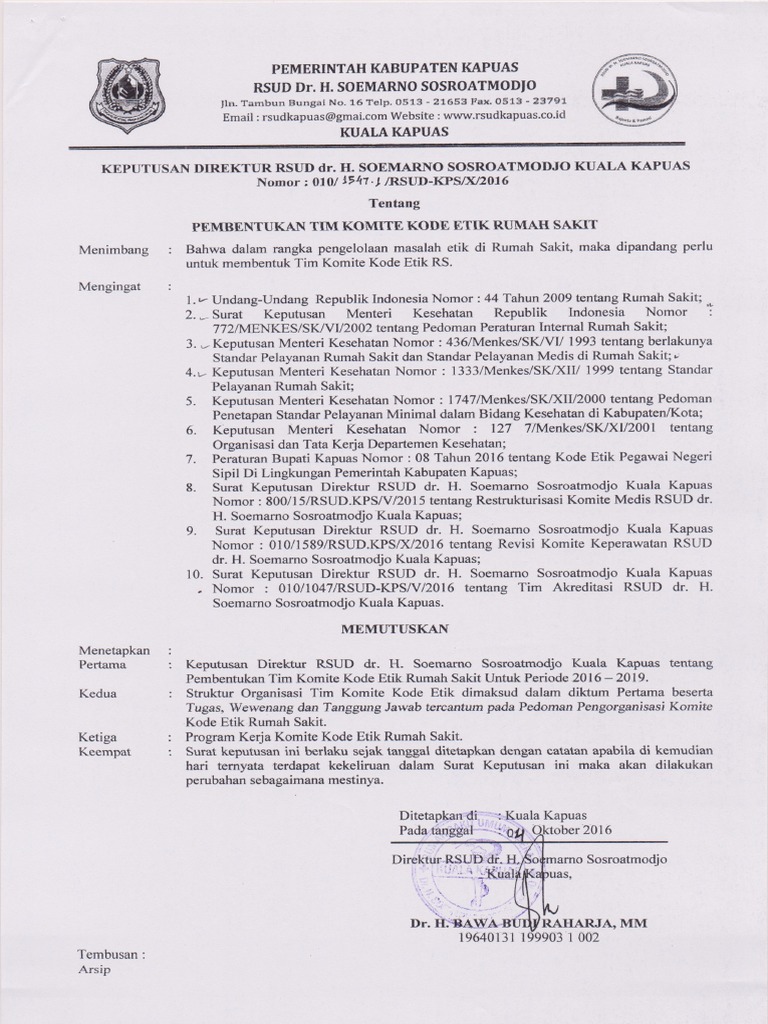 Pembentukan Tim Komite Kode Etik Rumah Sakit | PDF