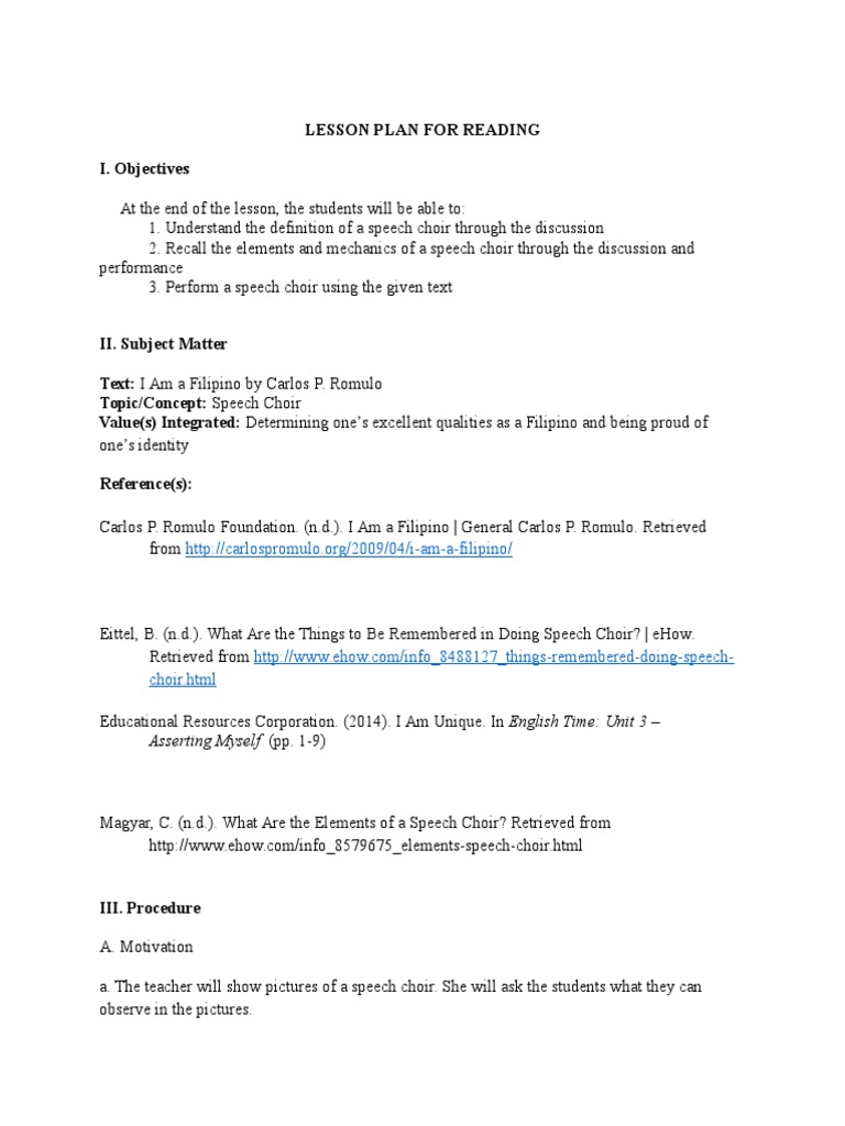 Lesson Plan For Speech Choir. | PDF | Lesson Plan | Communication