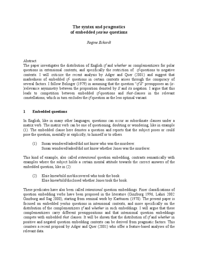 The Syntax and Pragmatics of Embedded Yes/no Questions: Regine Eckardt | PDF | Question ...