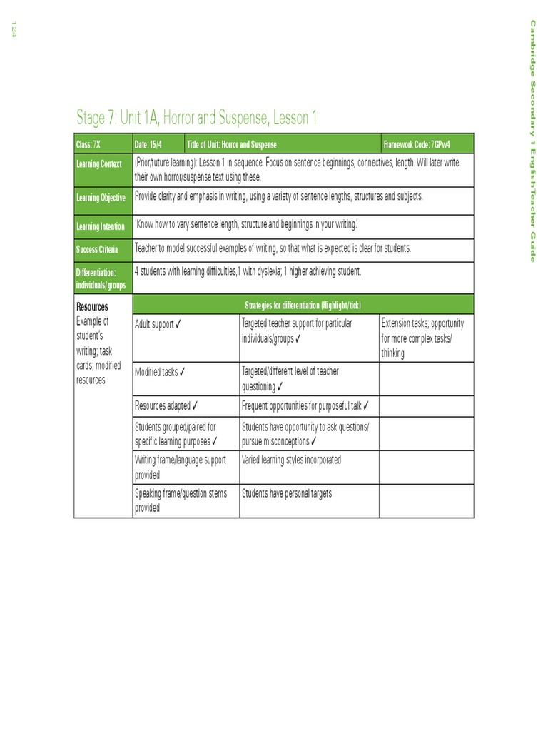 Sample Lesson Plan Cambridge Secondary 1 English Guide p.124 5 | PDF ...