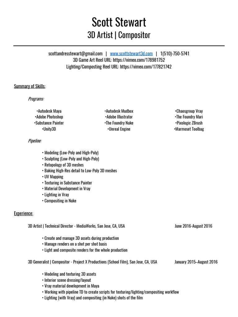 Scott Stewart 3D Arist and Compositor Resume | PDF | Games & Activities ...