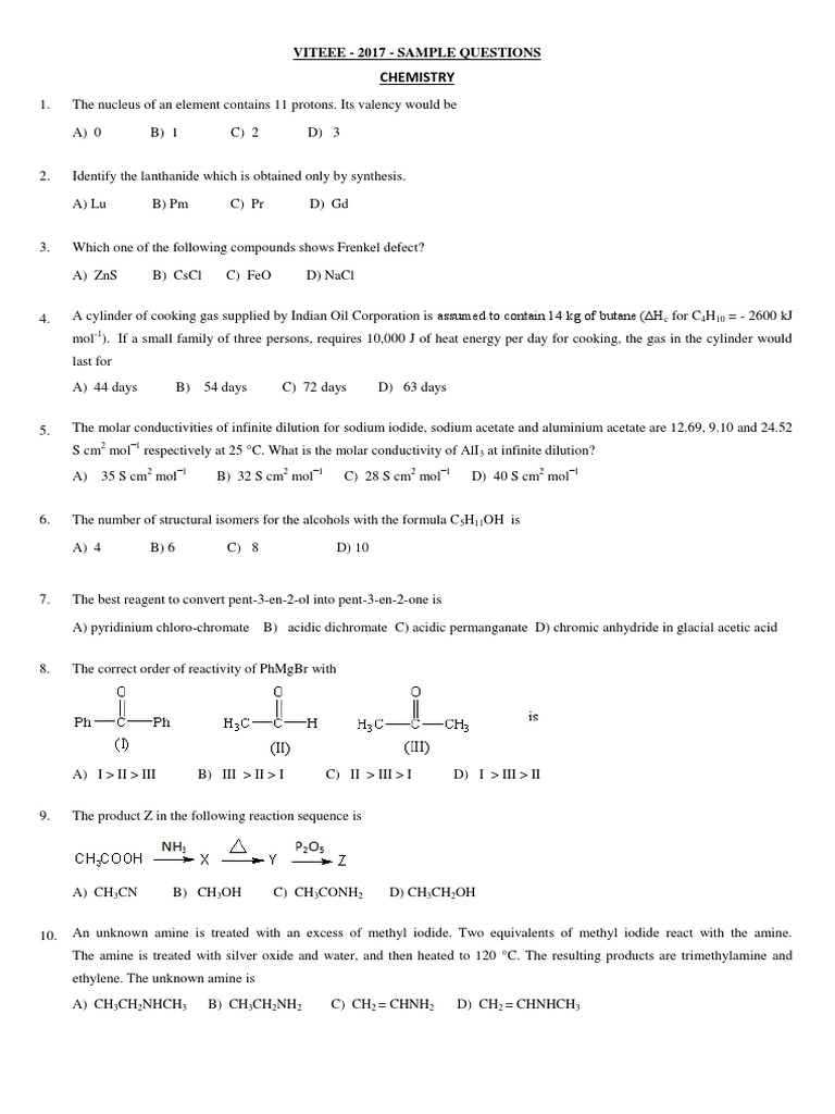 Chemistry: Viteee - 2017 - Sample Questions | Download Free PDF | Acetic Acid | Methyl Group