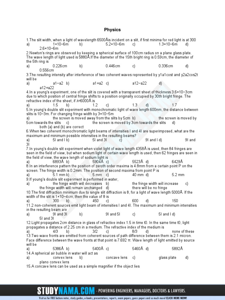 VITEEE Physics: Optics Questions | PDF | Lens (Optics) | Alternating ...