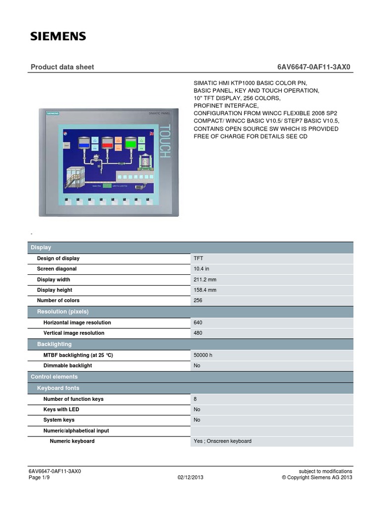 Siemens Ktp1000 HMI | Computer Keyboard | Display Resolution