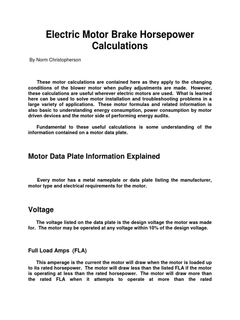 Electric Motor Brake Horsepower Calculations PDF | PDF | Power (Physics ...