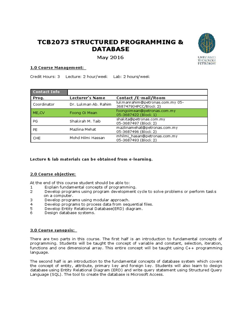 Tcb2073 Structured Programming & Database: 1.0 Course Management | PDF | Parameter (Computer ...