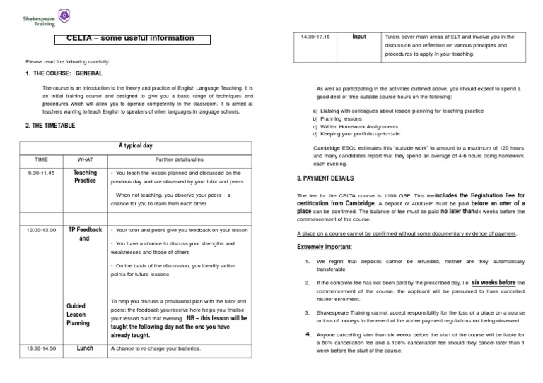 CELTA Useful Information | PDF | English As A Second Or Foreign ...