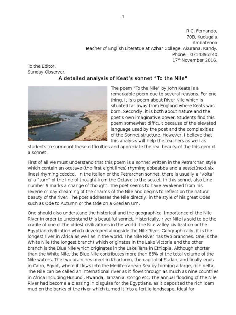 Analysis of Keats' "To the Nile" Poem | PDF | Nile | Poetry