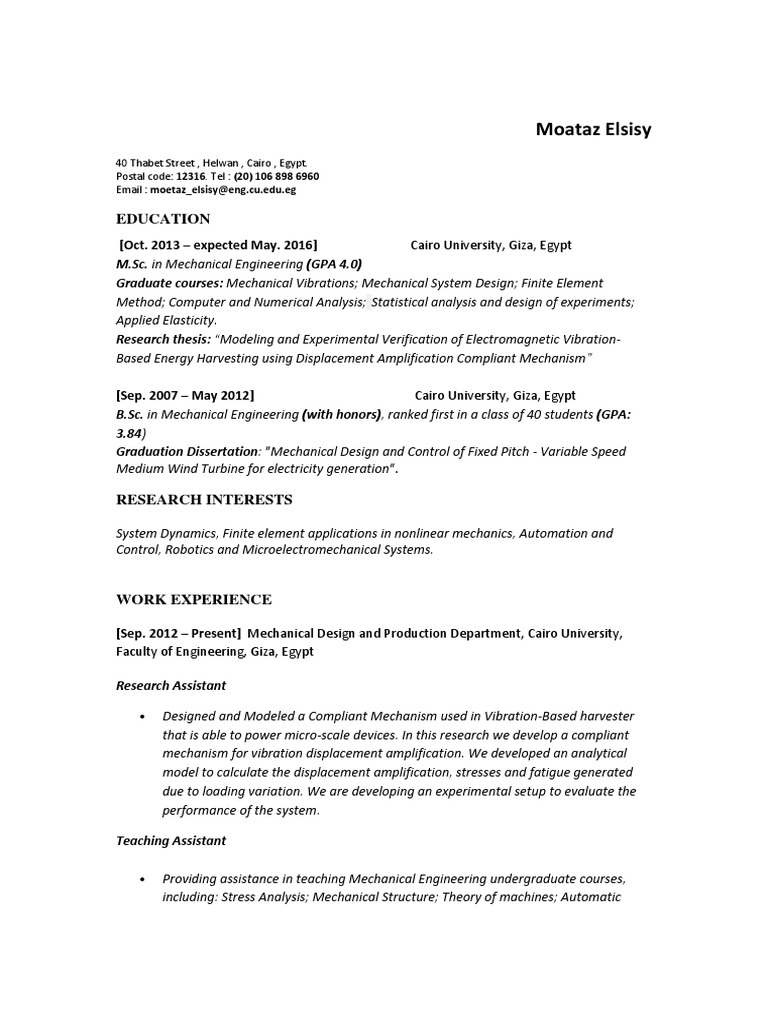 Moataz Elsisy CV | PDF | Machines | Mechanical Engineering