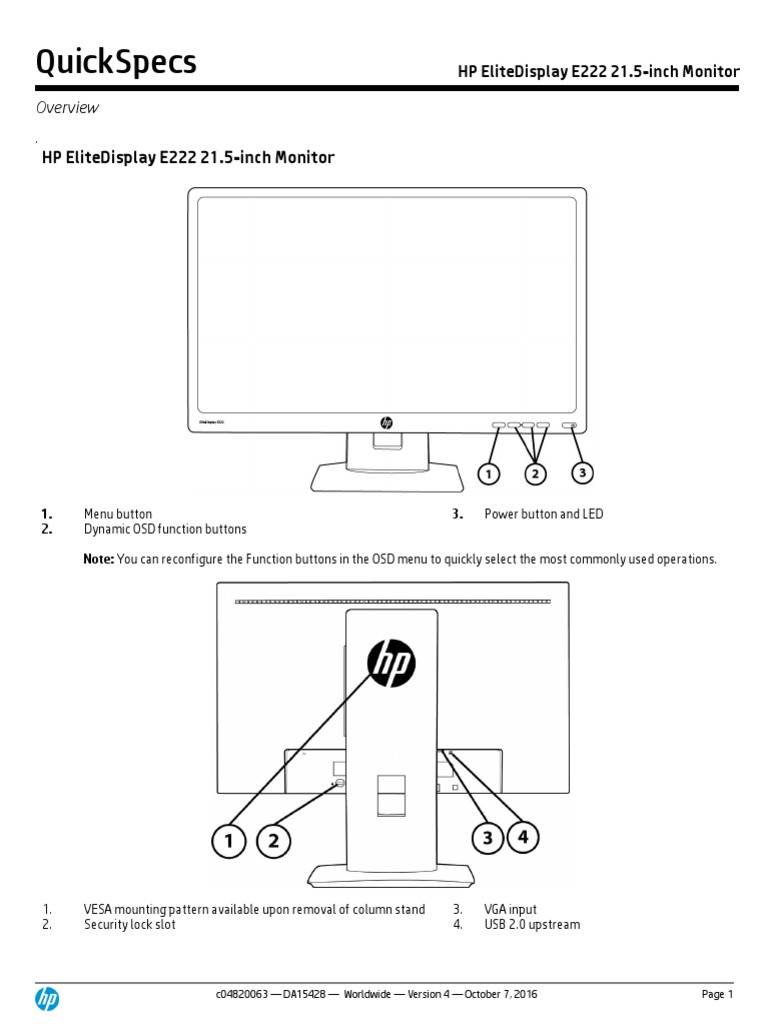 Quick Specs: HP EliteDisplay E222 21.5-Inch Monitor | PDF | Computer Monitor | Hdmi