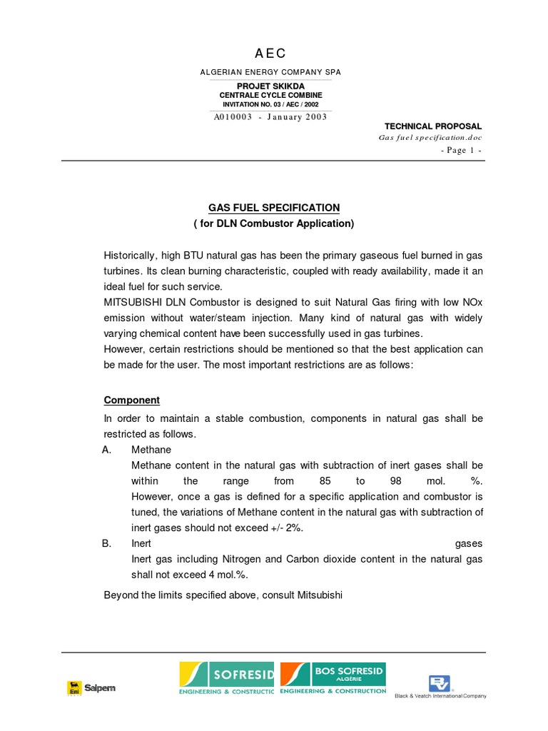 Gas Fuel Specification (For DLN Combustor Application) : P R O J E T S ...