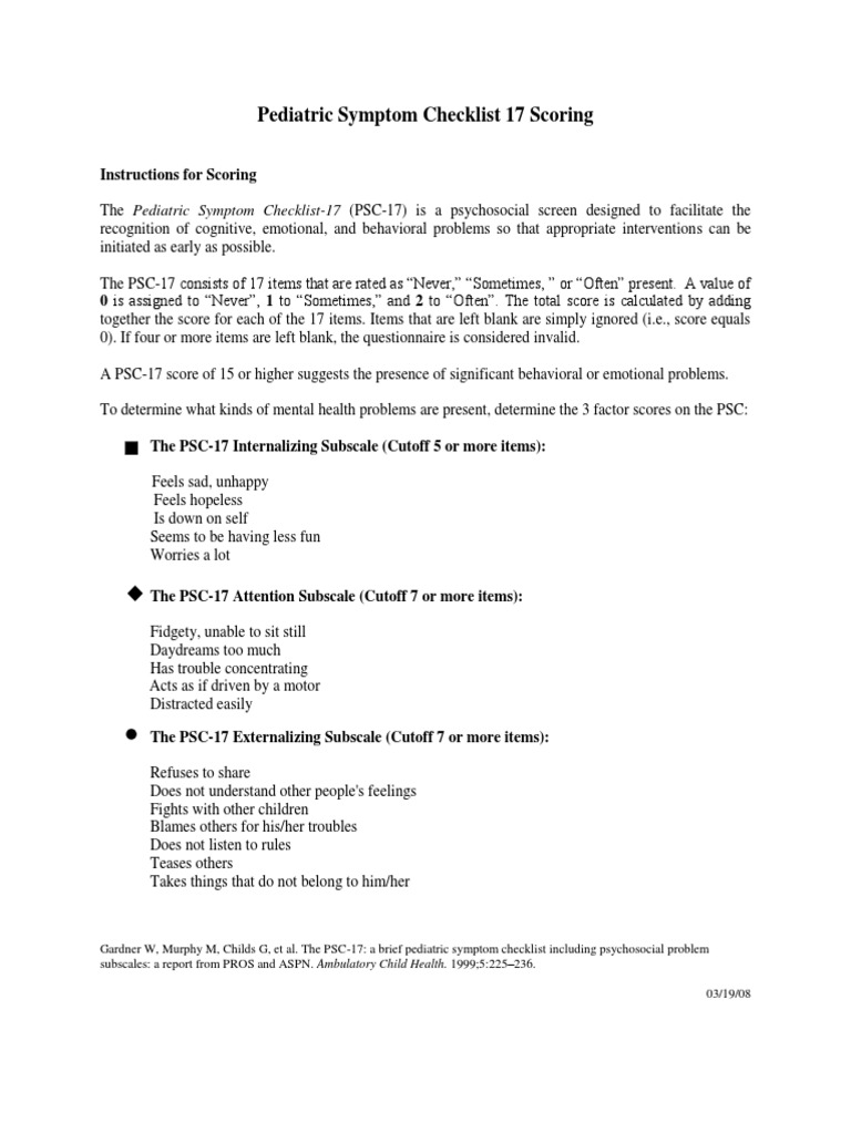 PSC-17 Scoring Guide for Pediatric Symptom Checklist | PDF