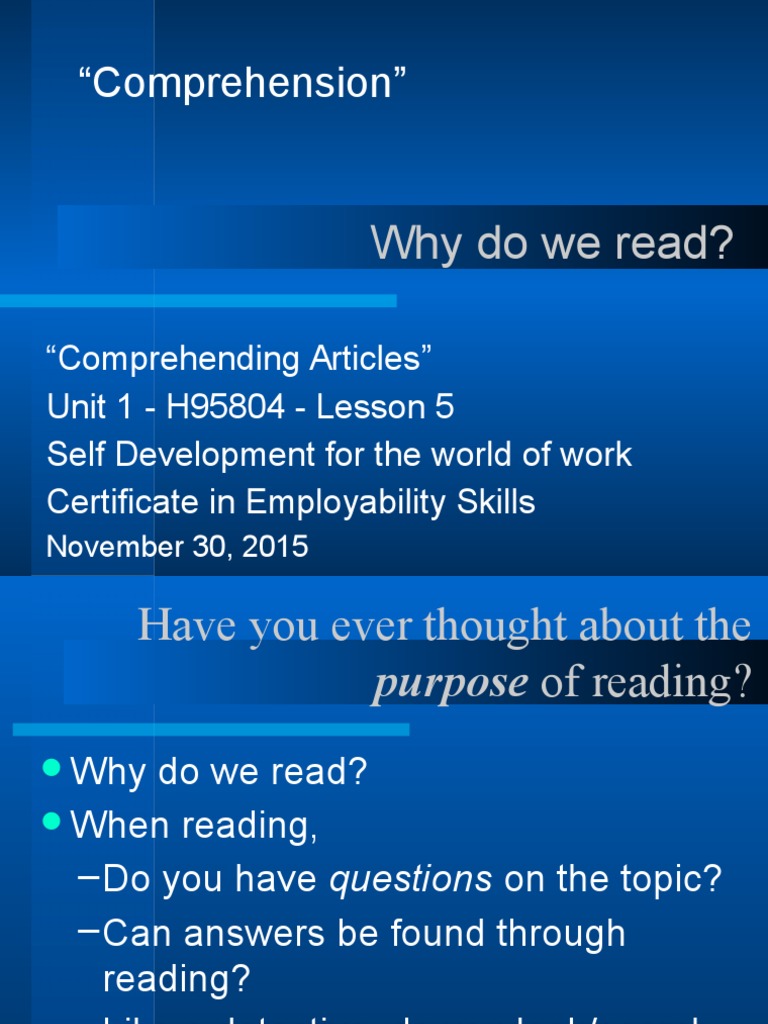 "Comprehension": Why Do We Read? | PDF | Reading Comprehension ...