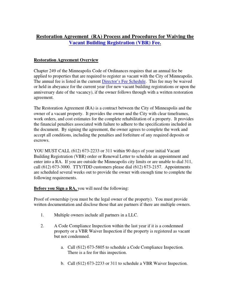 Restoration Agreement (RA) Process and Procedures For Waiving The ...
