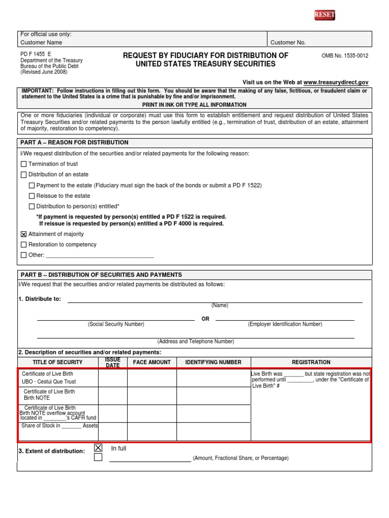 Request by Fiduciary For Distribution of United States Treasury ...