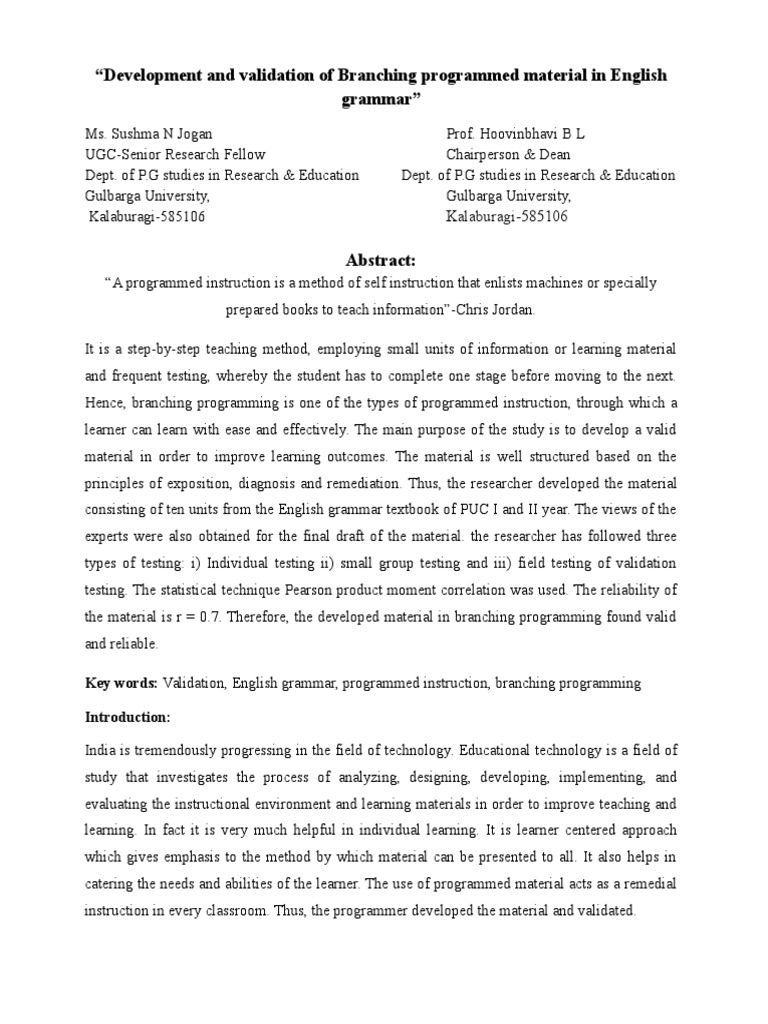 Development and Validation of Branching Programmed Material in English Grammar | Download Free ...