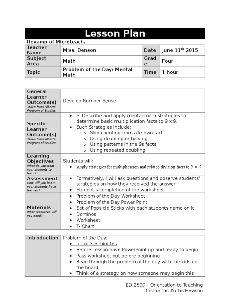 Ed 2500 Lesson Plan For Grade 4s | Download Free PDF | Lesson Plan ...