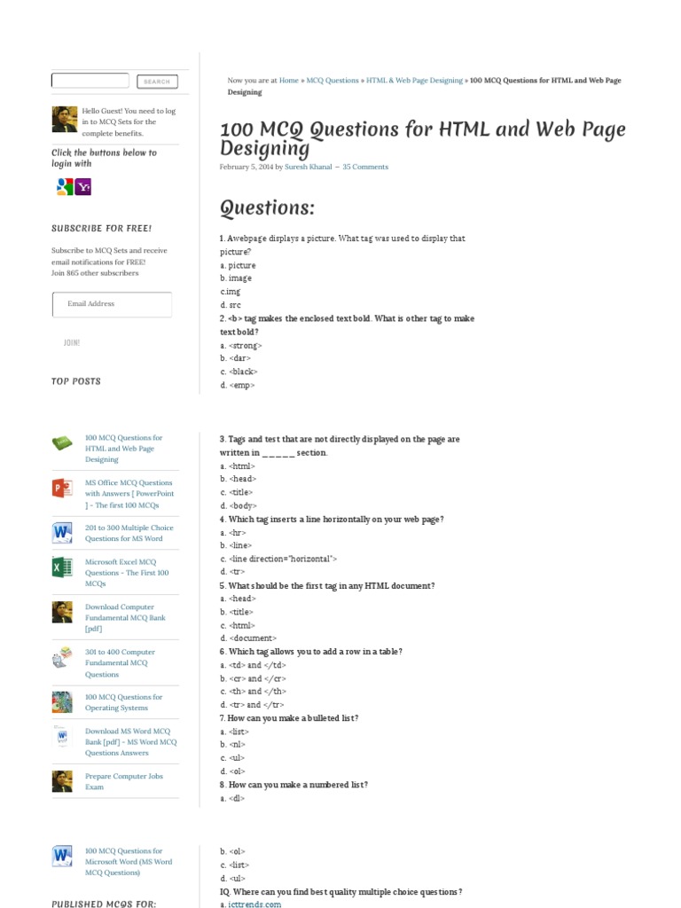 100 MCQ Questions For HTML and Web Page Designing - MCQ Sets | PDF ... 100 MCQ Questions For HTML and Web Page Designing - MCQ Sets | PDF ...