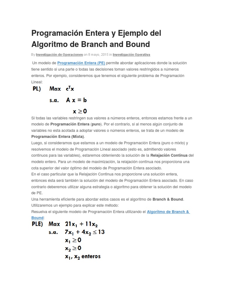 Programación Entera y Ejemplo Del Algoritmo de Branch and Bound | PDF | Matemáticas discretas ...