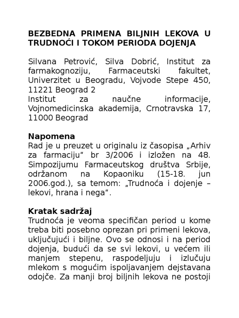 Bezbedna Primena Biljnih Lekova U Trudnoći I Tokom Perioda Dojenja | PDF Bezbedna Primena Biljnih Lekova U Trudnoći I Tokom Perioda Dojenja | PDF