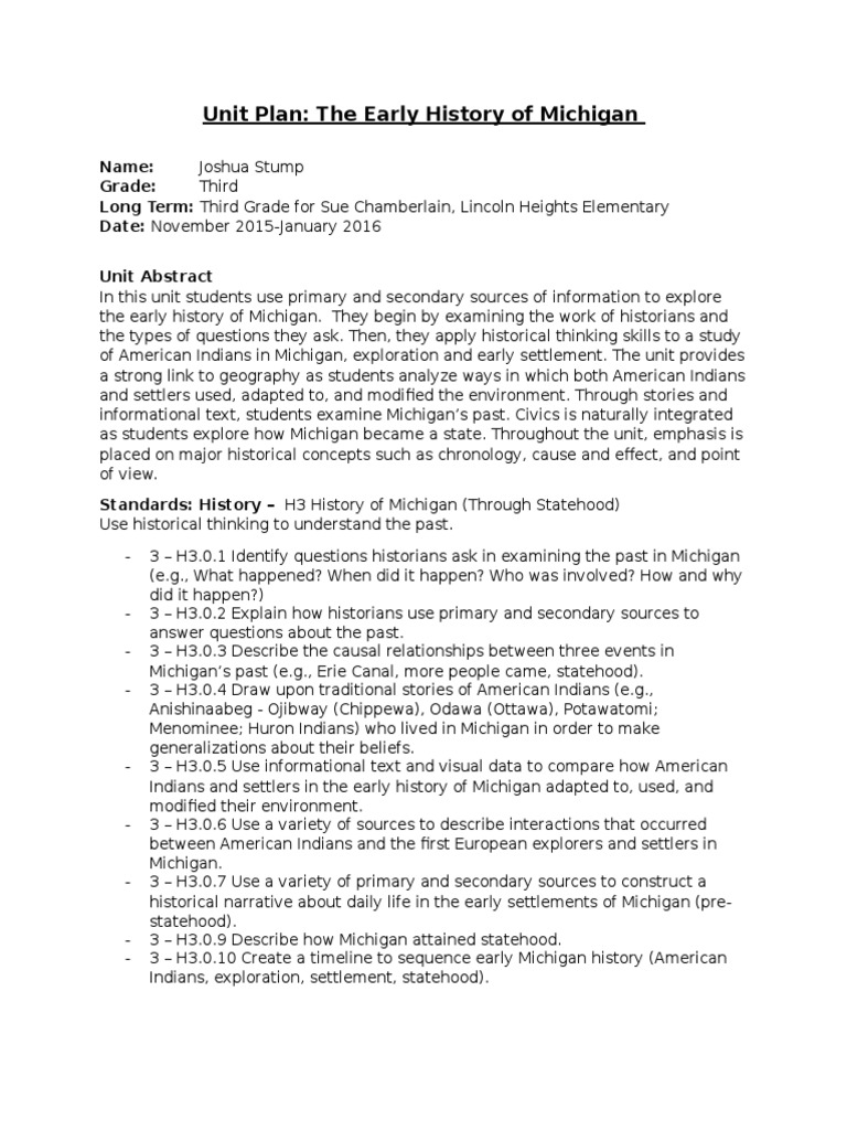 Early History of Michigan Unit Plan | PDF | Michigan | Historian