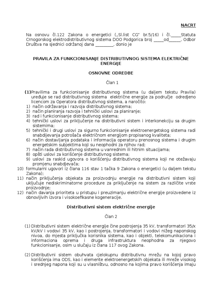 Pravila Za Funkcionisanje Distributivnog Sistema Elektricne Energije | PDF