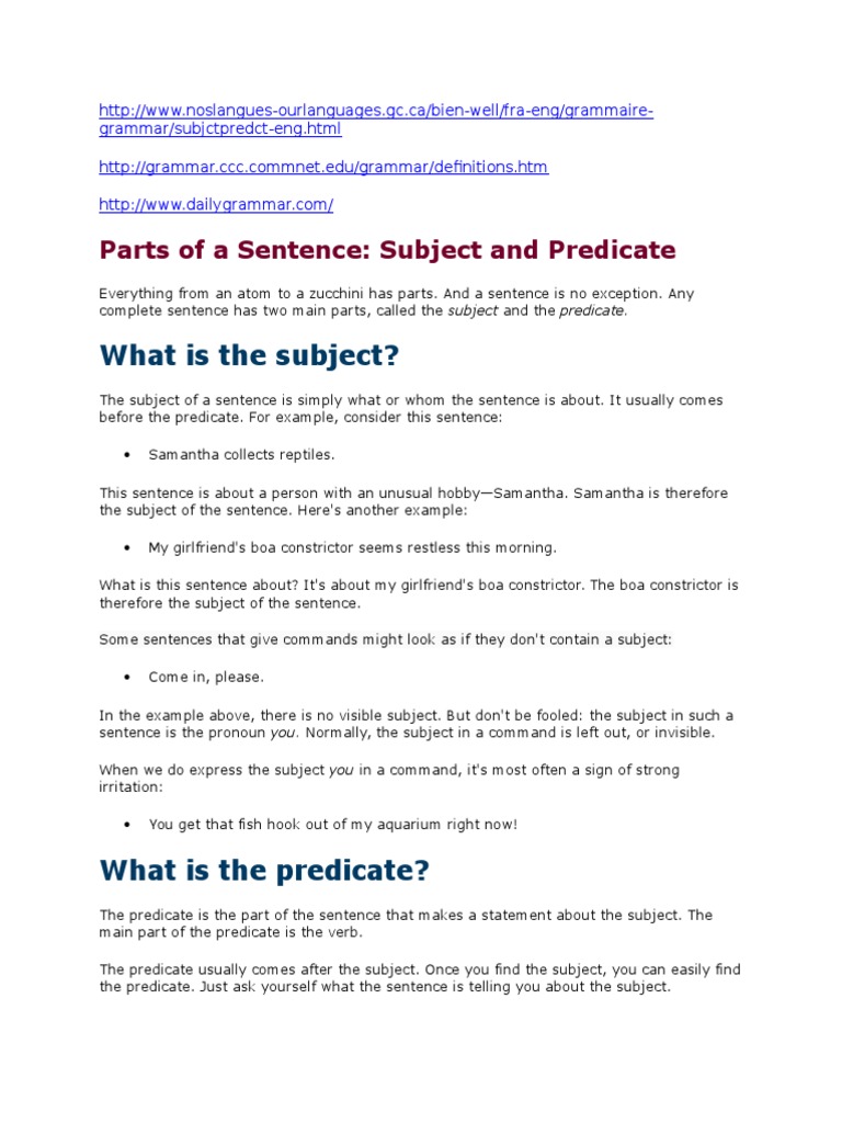 Subject, Predicate, Types of Sentences | PDF | Object (Grammar) | Verb