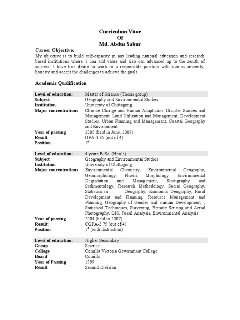 CV Md. Abdus Sabur | Download Free PDF | Geography | Bangladesh