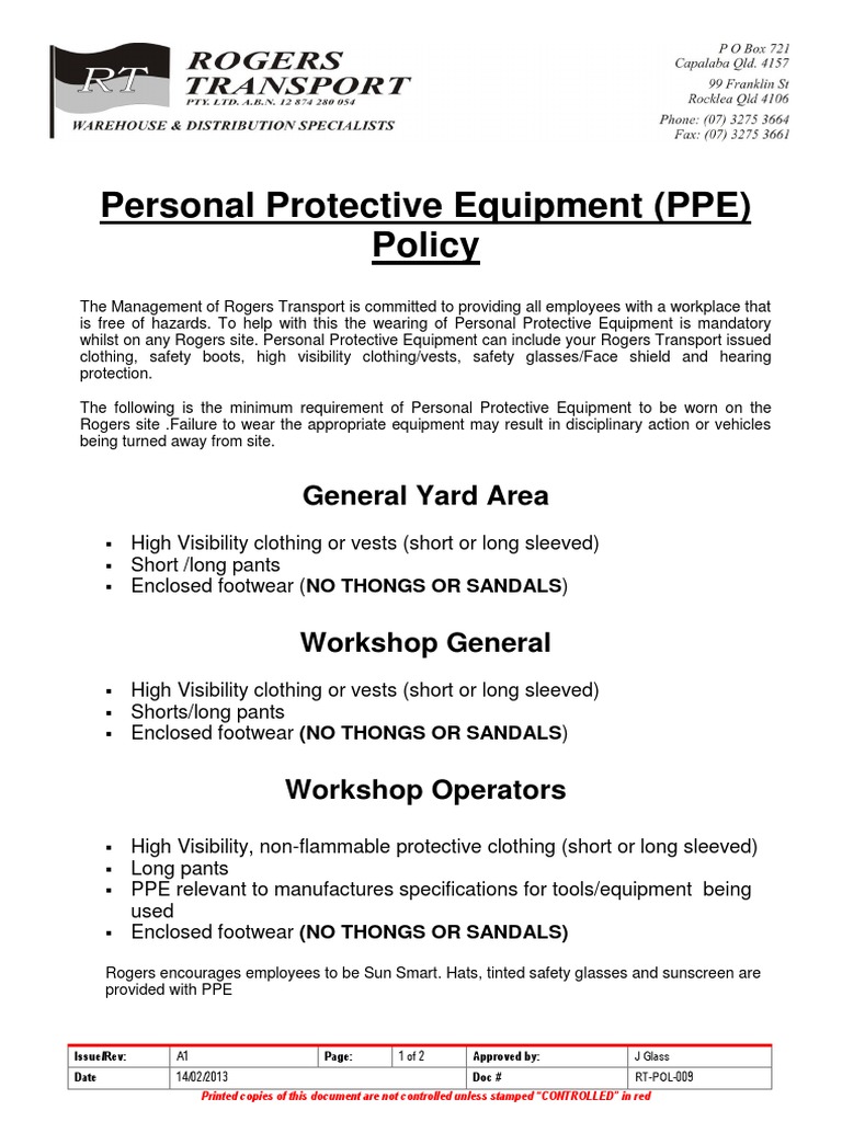 Rogers Transport PPE Policy Document | PDF | Personal Protective ...