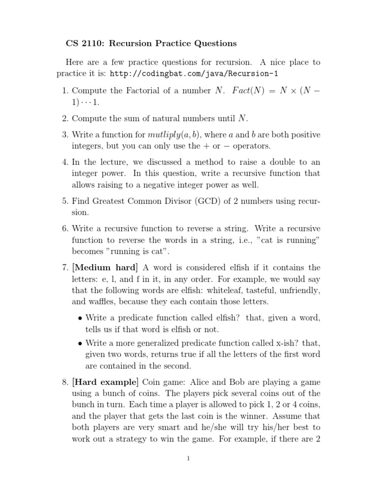 CS2110 Recursion Practice Questions | PDF