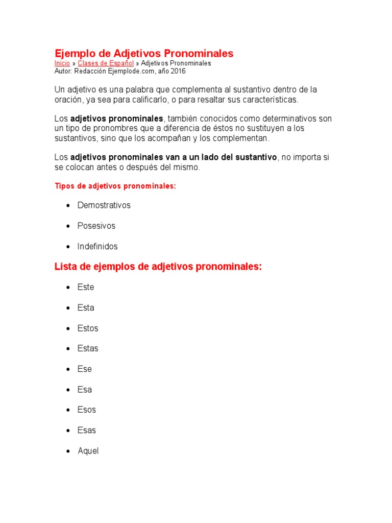 Ejemplo de Adjetivos Pronominales | PDF