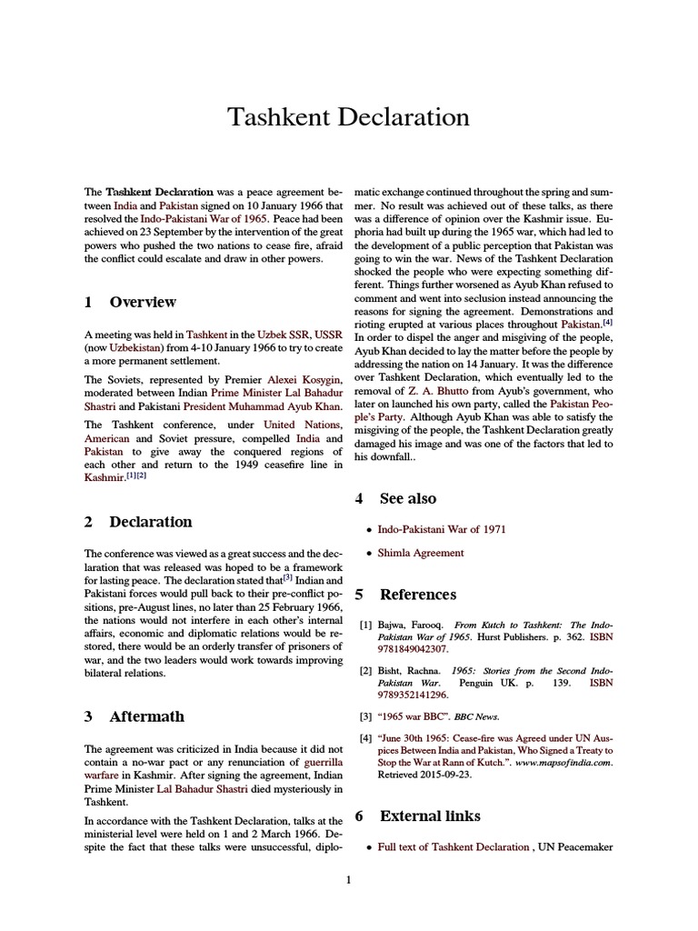 Tashkent Declaration | PDF | Pakistan | Government Of Pakistan