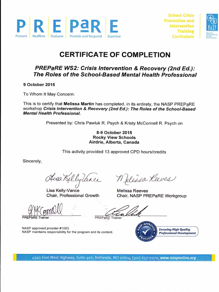 Nasp Prepare Workshop Certificate Oct 2015 | PDF