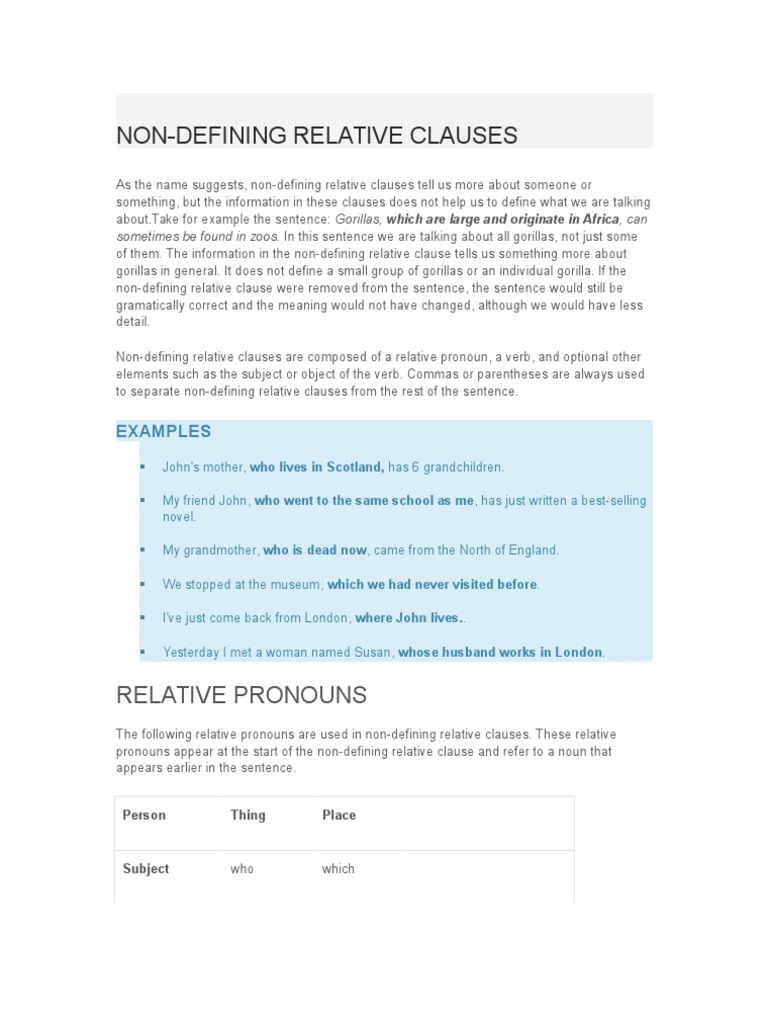 Non Defining Pronouns – Relative clauses: non-defining relative clauses ...